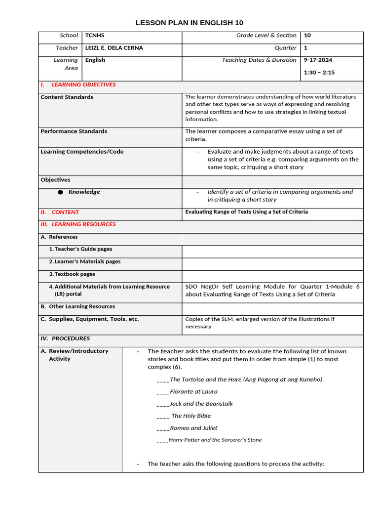 English 10 Lesson Plan: Text Evaluation | PDF | Word | Science ...