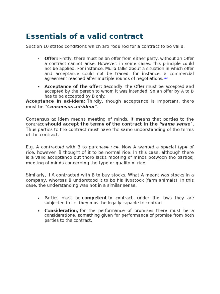 Essentials of Valid Contract | PDF | Law