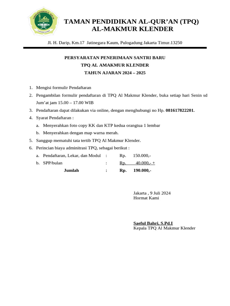 Formulir Pendaftaran TPQ Al Makmur | PDF