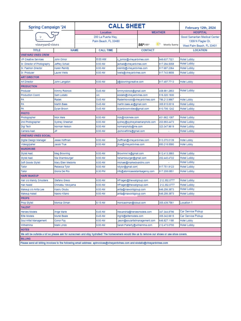 Vineyard Vines 2 - 12 - 24 CALL SHEET | PDF