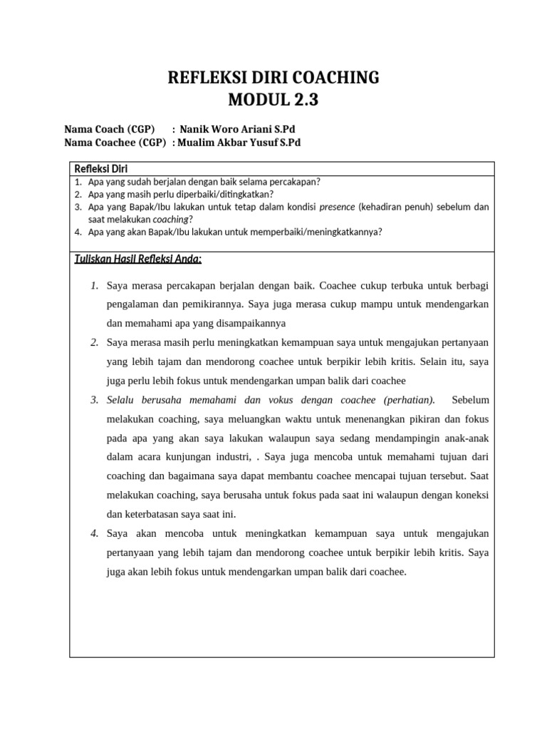 5_Lembar Refleksi Diri Latihan Coaching. 2.3 | PDF