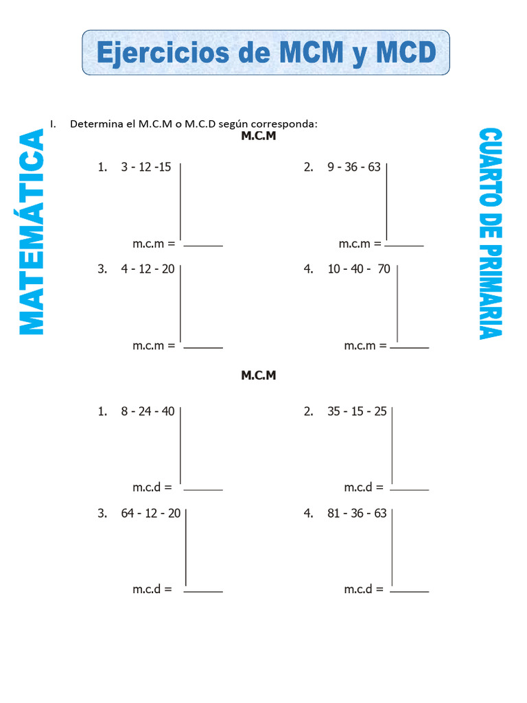 Ficha Ejercicios de MCM y MCD para Cuarto de Primaria | PDF