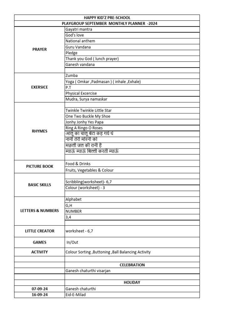 PlayGroup Monthly Planner September 2024 | PDF