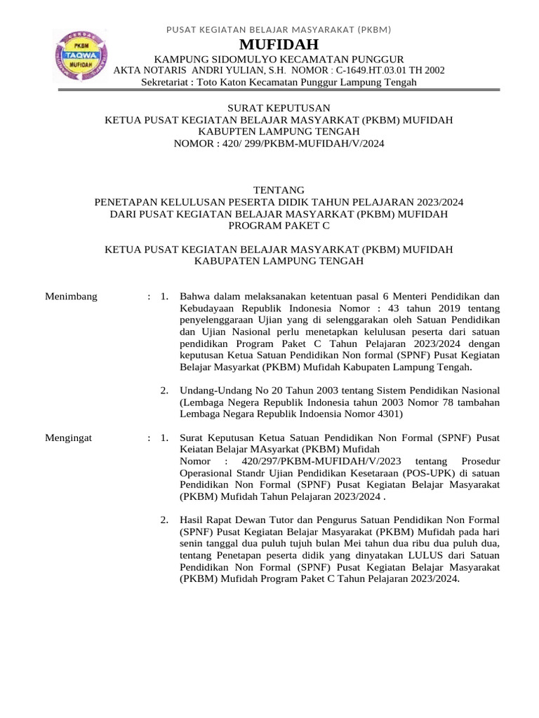 SK Kelulusan Paket C PKBM Mufidah 2024 | PDF