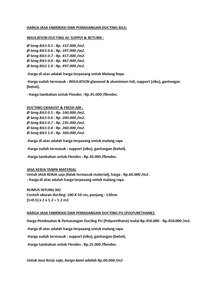 Harga Jasa Fabrikasi Dan Pemasangan Ducting Bjls Pdf
