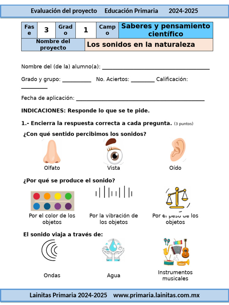 1er Grado Septiembre Examen 04 Los Sonidos en La Naturaleza 2024 | PDF