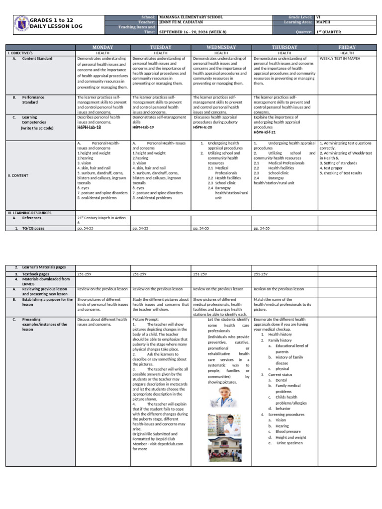 DLL - Mapeh 6 - Q1 - W8 | PDF
