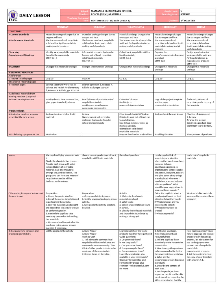 DLL - Science 5 - Q1 - W8 | PDF