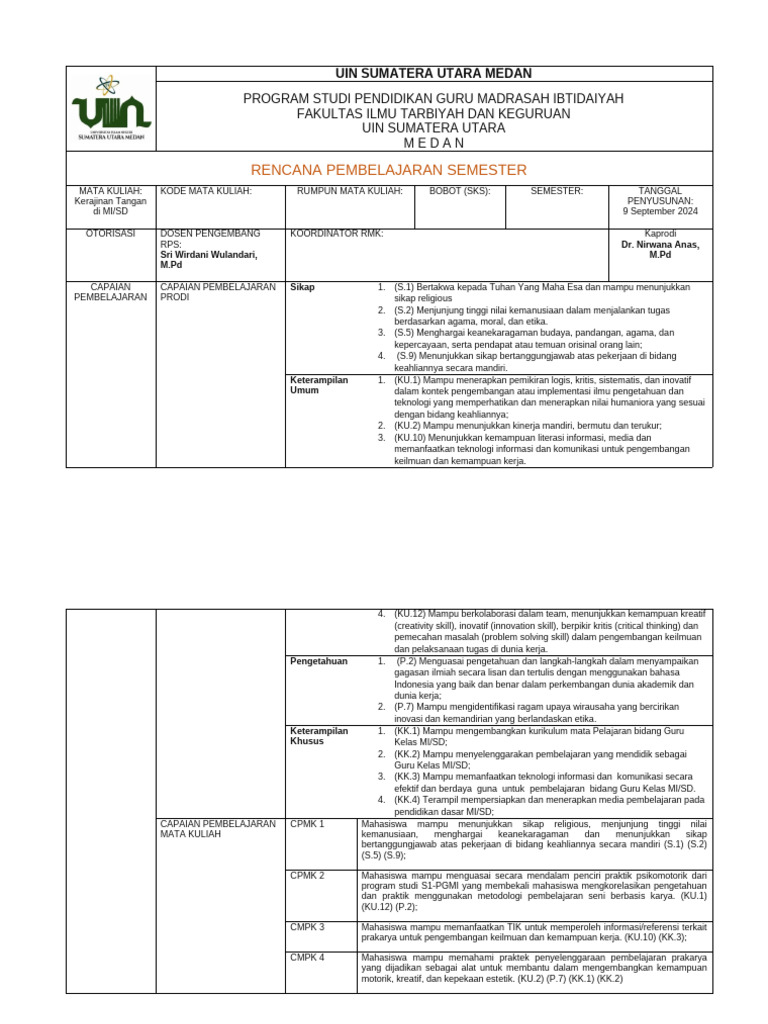 RPS - Kerajinan Tangan - Semester 7 - Sri Wirdani - Pgmi | PDF