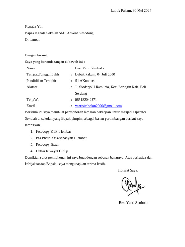 Surat lamaran Simbolon Best Yanti | PDF Surat lamaran Simbolon Best Yanti | PDF