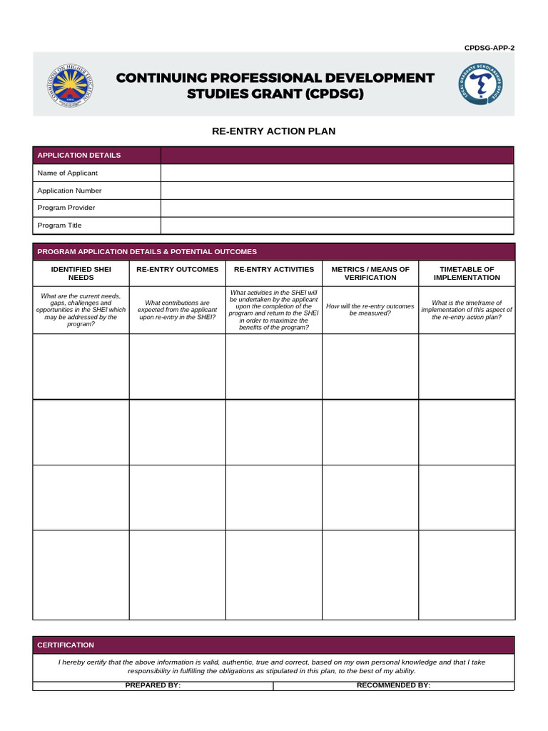(Do Not Edit and Please Download) CPDSG-APP-2 - Re-Entry Action Plan | PDF