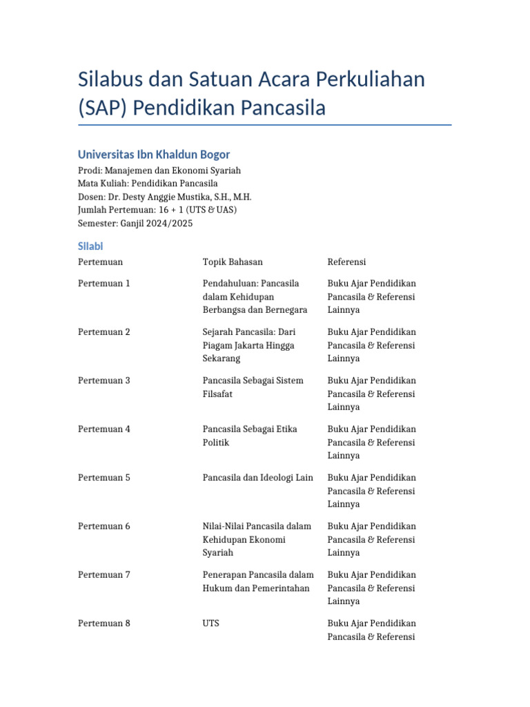 Silabi SAP Pancasila Prodi Manajemen Ekonomi Syariah | PDF