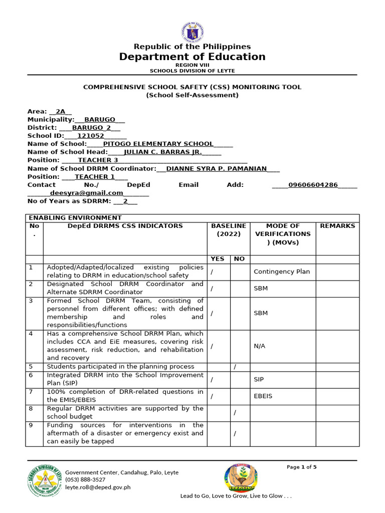DRRM Comprehensive School Safety Monitoring Tool | PDF