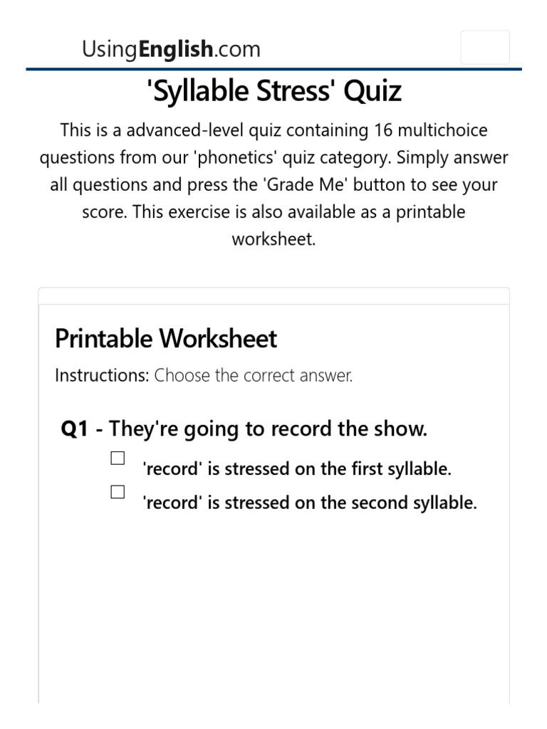 'Syllable Stress' Quiz - Exercise & Worksheet | PDF