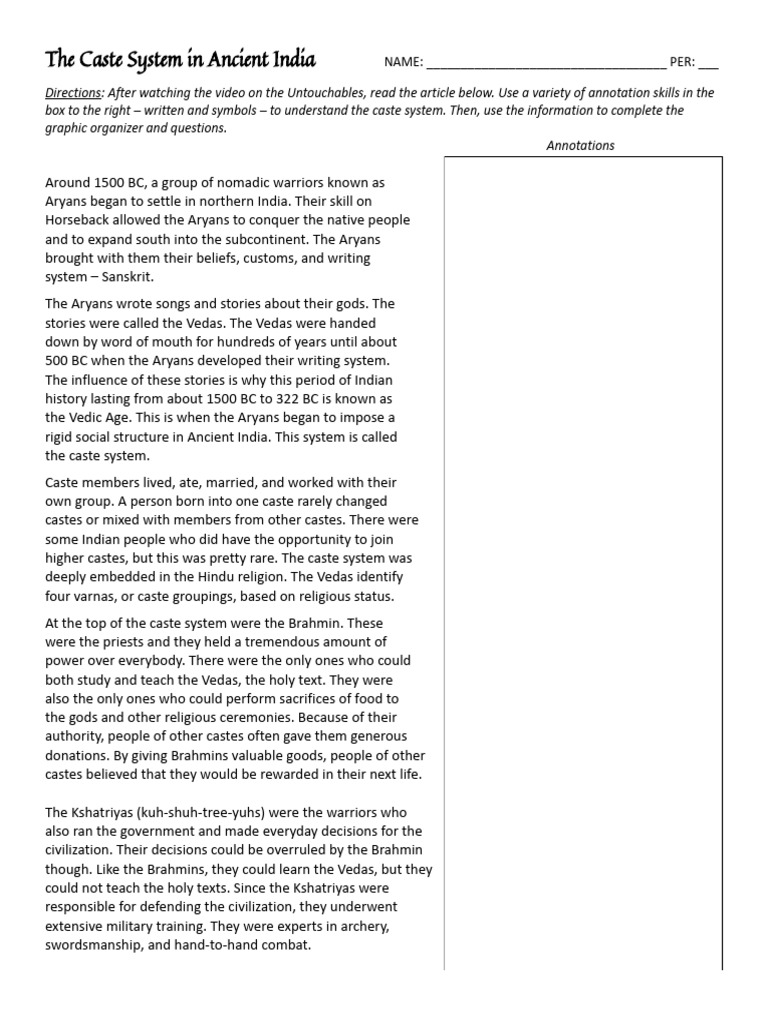 Caste System Worksheet | PDF