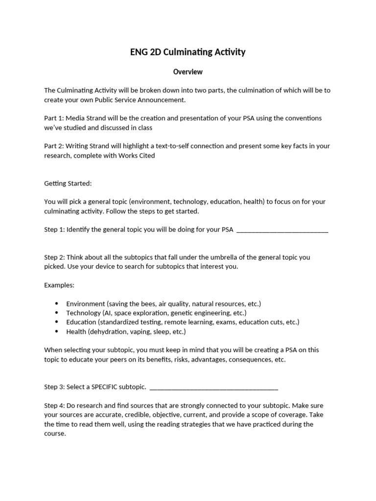 2024 Grade 10 Culminating Activity | PDF
