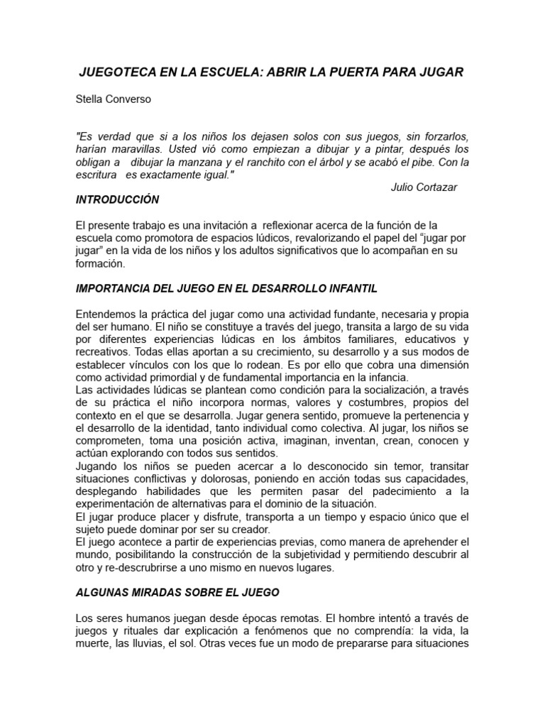 Juegoteca en La Escuela. Abrir La Puerta para Jugar - Stella Converso | PDF