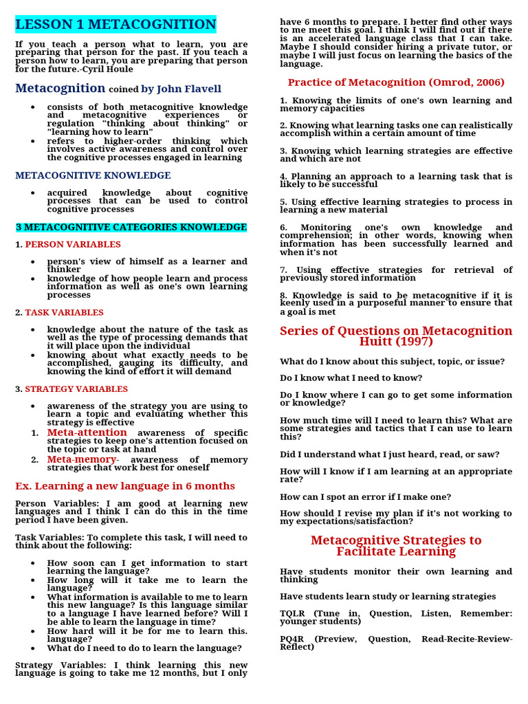 Understanding Metacognition in Learning | PDF | Learning | Metacognition