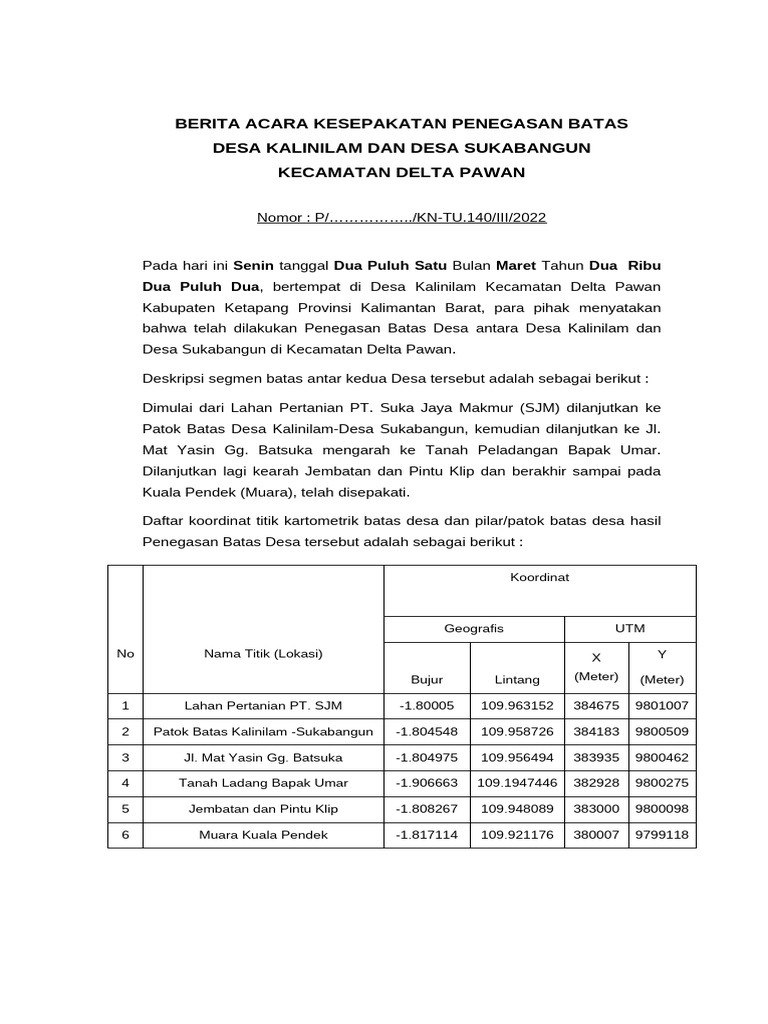 Berita Acara Kesepakatan Penegasan Batas SKB | PDF