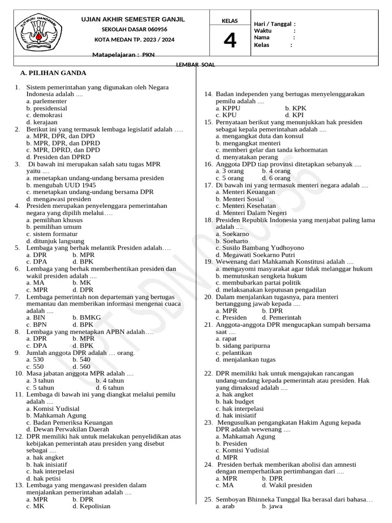 Ujian Tengah Semester Kls 4 PKN | PDF