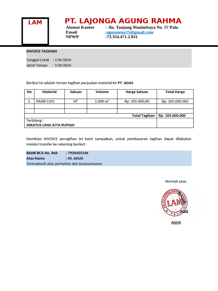 INVOICE Pasir PT Adas | PDF