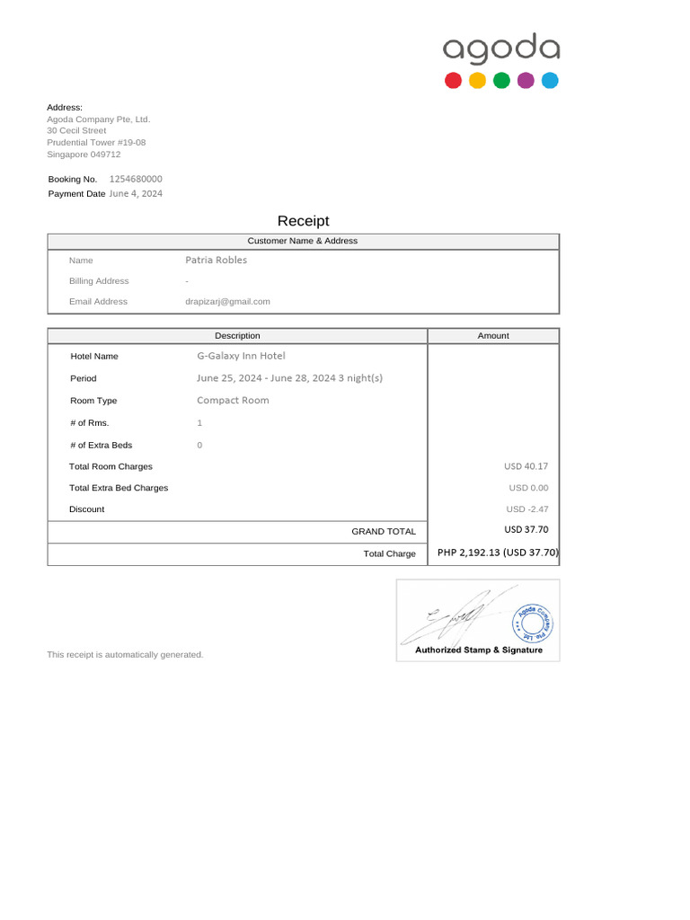 Agoda Booking ID 1041585236 - RECEIPT Enclosed | PDF