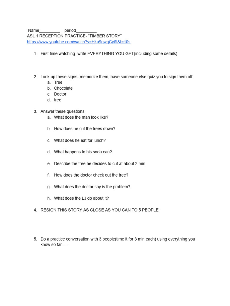 Asl 1 Reception Practice - "Timber Story" | PDF