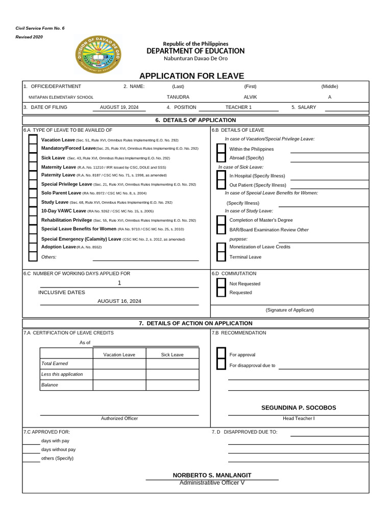 CS Form No. 6 Revised 2020 Application For Leave | PDF