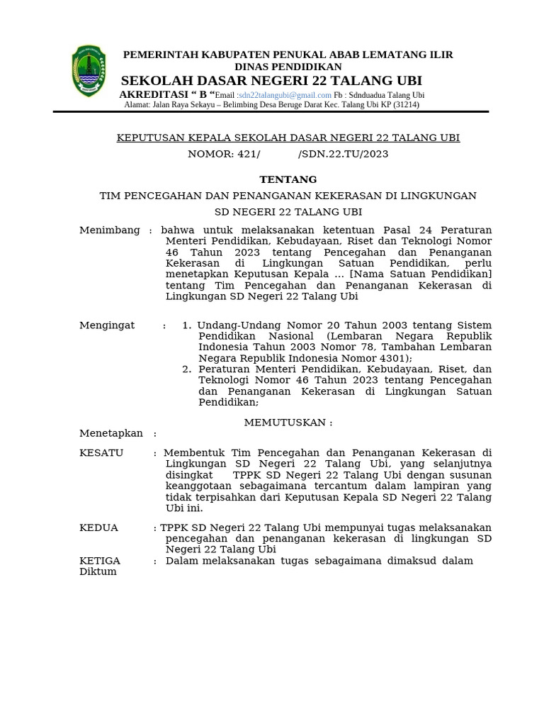 SK Tim Pencegahan Perundungan Kekerasan (TPPK) SDN 22 Tu | PDF