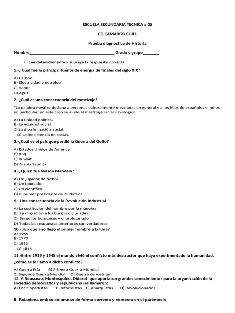 Examen Diagnostico de Espanol e Historia y Fce 2 A y 2b. Descargar | PDF