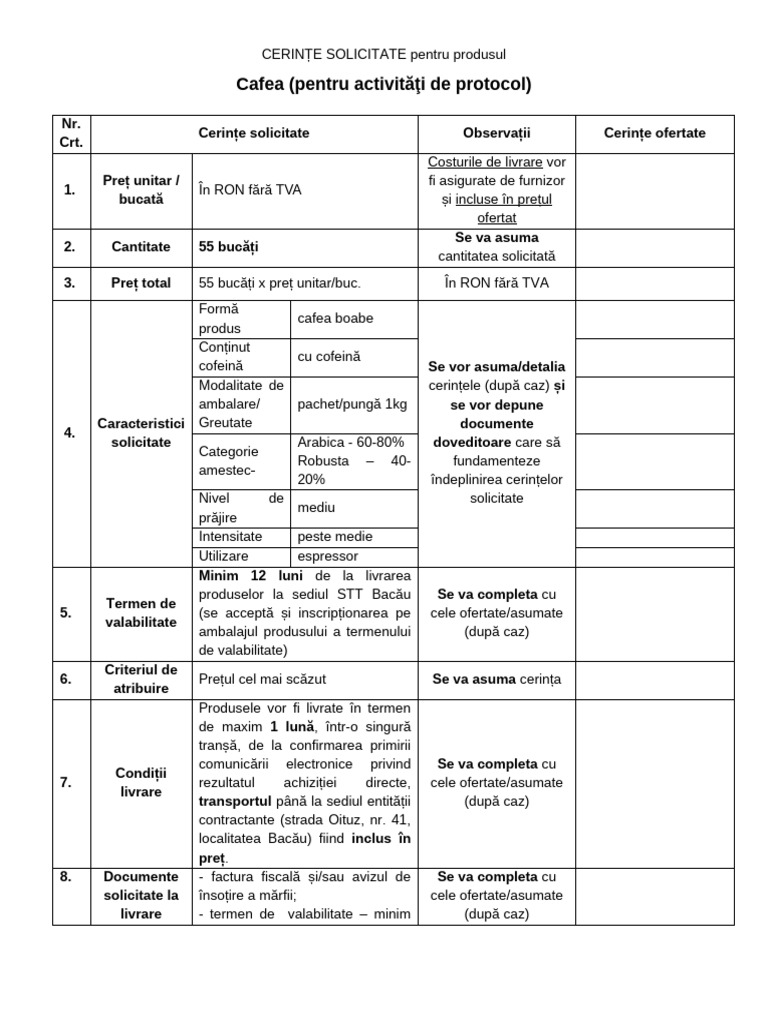 Formular Cerinte - Cafea | PDF | Coffee
