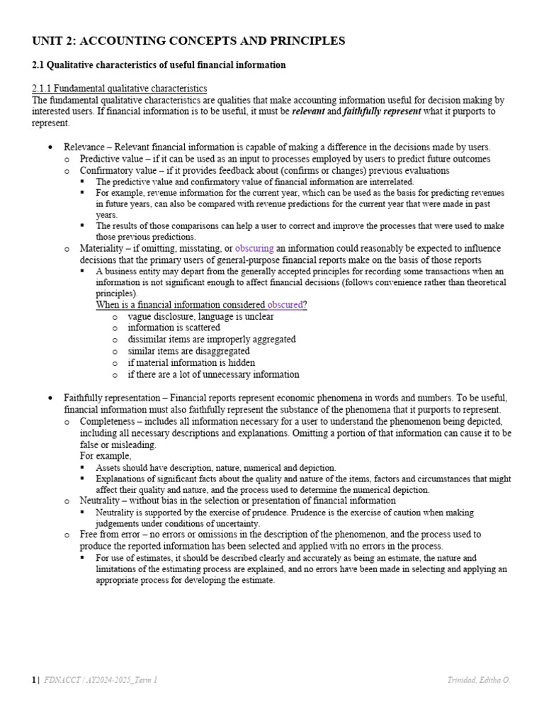 FDNACCT Unit 2 - Accounting Concepts and Principles - Study Guide | PDF