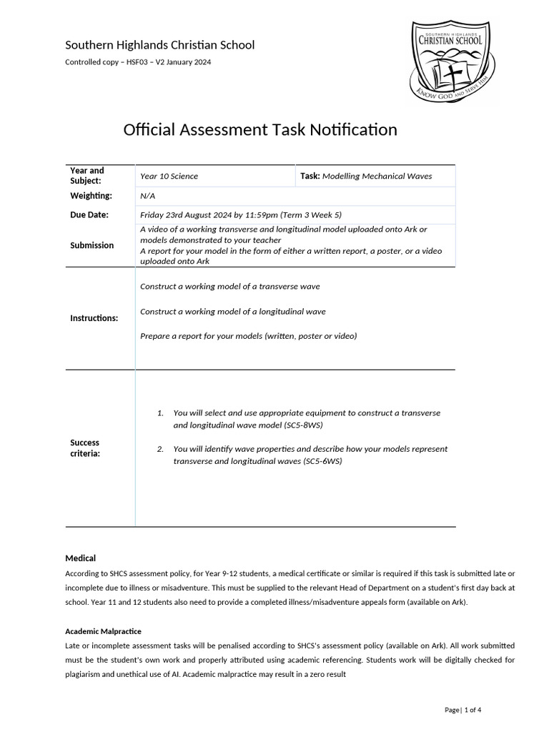 Year 10 Waves Model Assessment Task 2024 (1) | PDF