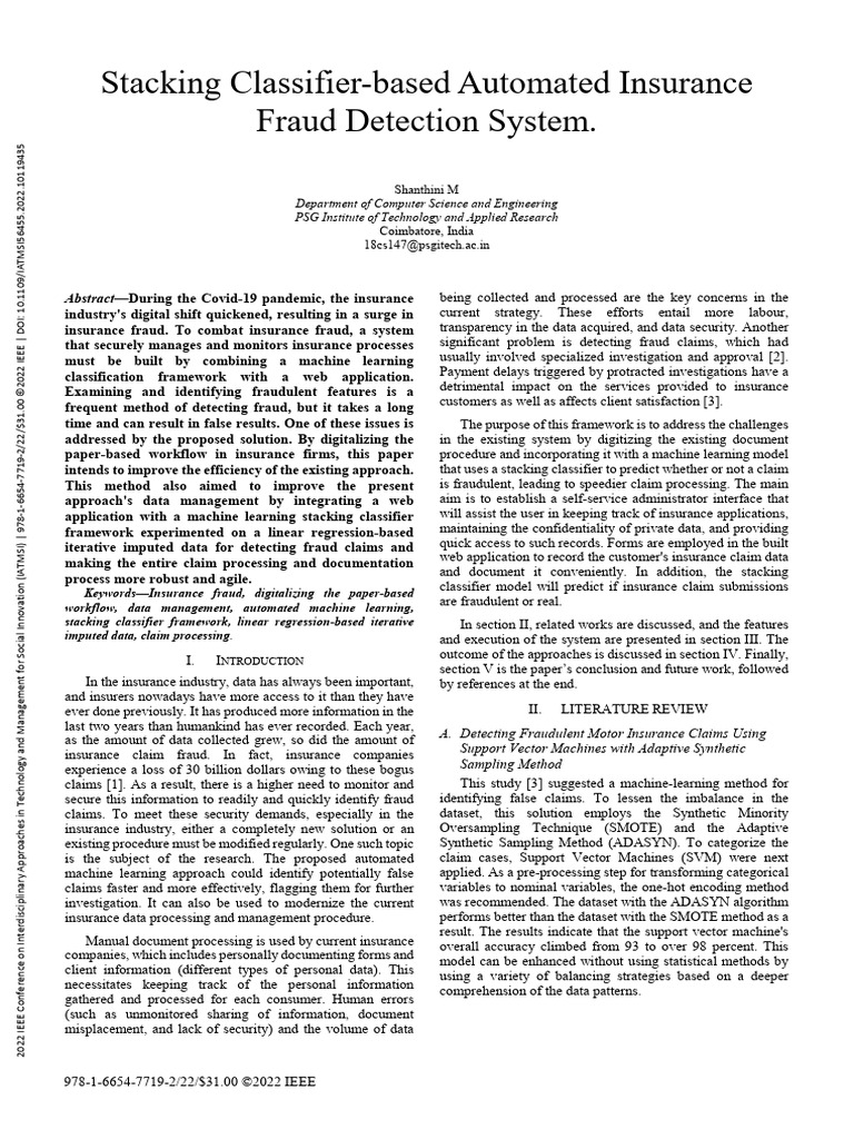 Stacking Classifier Based Automated Insurance Fraud Detection System Pdf