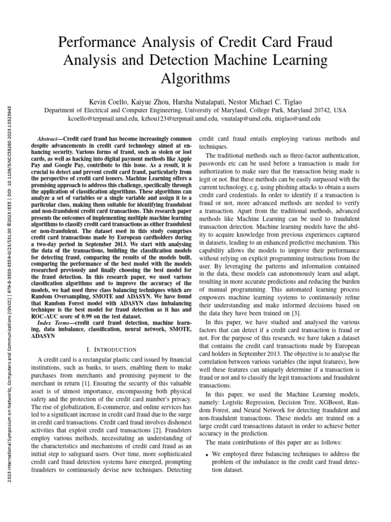 Performance Analysis of Credit Card Fraud Analysis and Detection Machine Learning Algorithms | PDF
