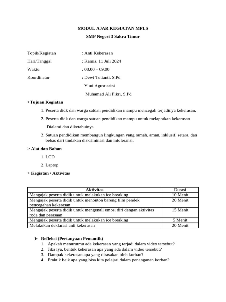 Modul Ajar Kegiatan MPLS - Anti Kekerasan | PDF