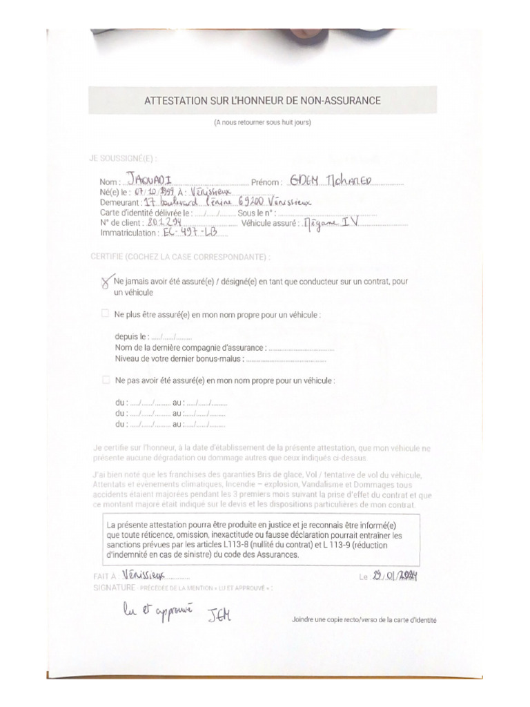 Attestation Sur L'honneur de Non-Assurance - Organized | PDF