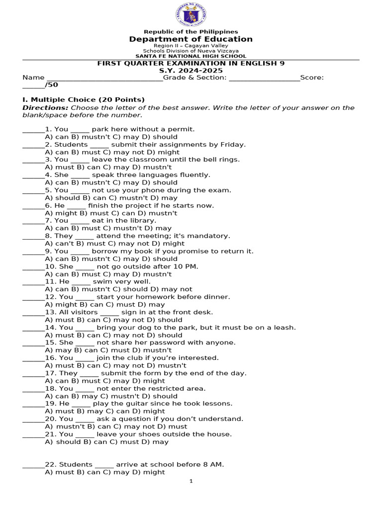 E9 Test Q1 Print | PDF