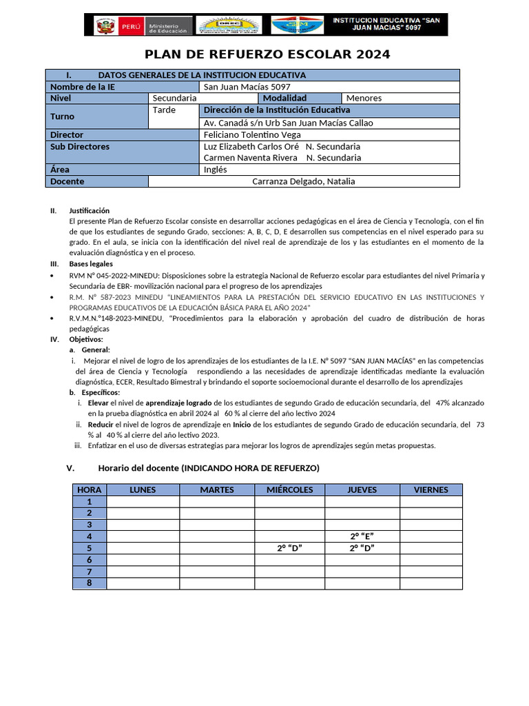 Plan de Refuerzo Escolar 2024-Ingles 2do Grado | PDF