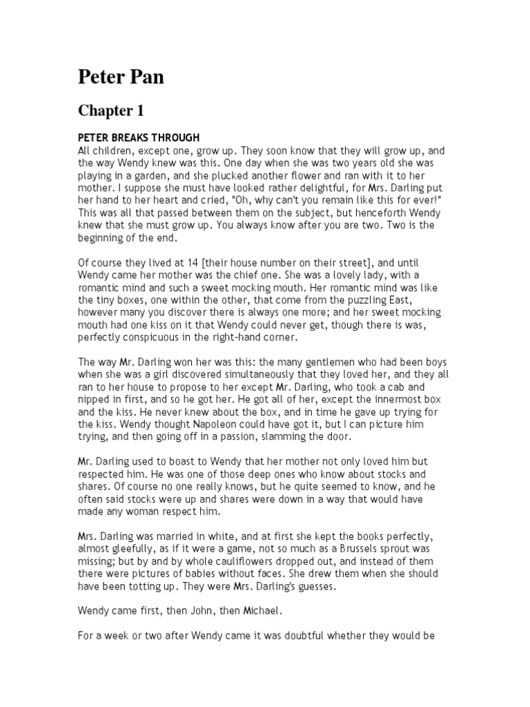 Peter Pan Chapter 1 Summary: Wendy's Childhood | PDF | Peter Pan ...