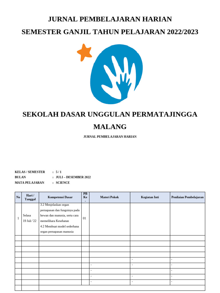 Jurnal Pembelajaran Harian Ipa Kelas 5 (SMT 1) | PDF