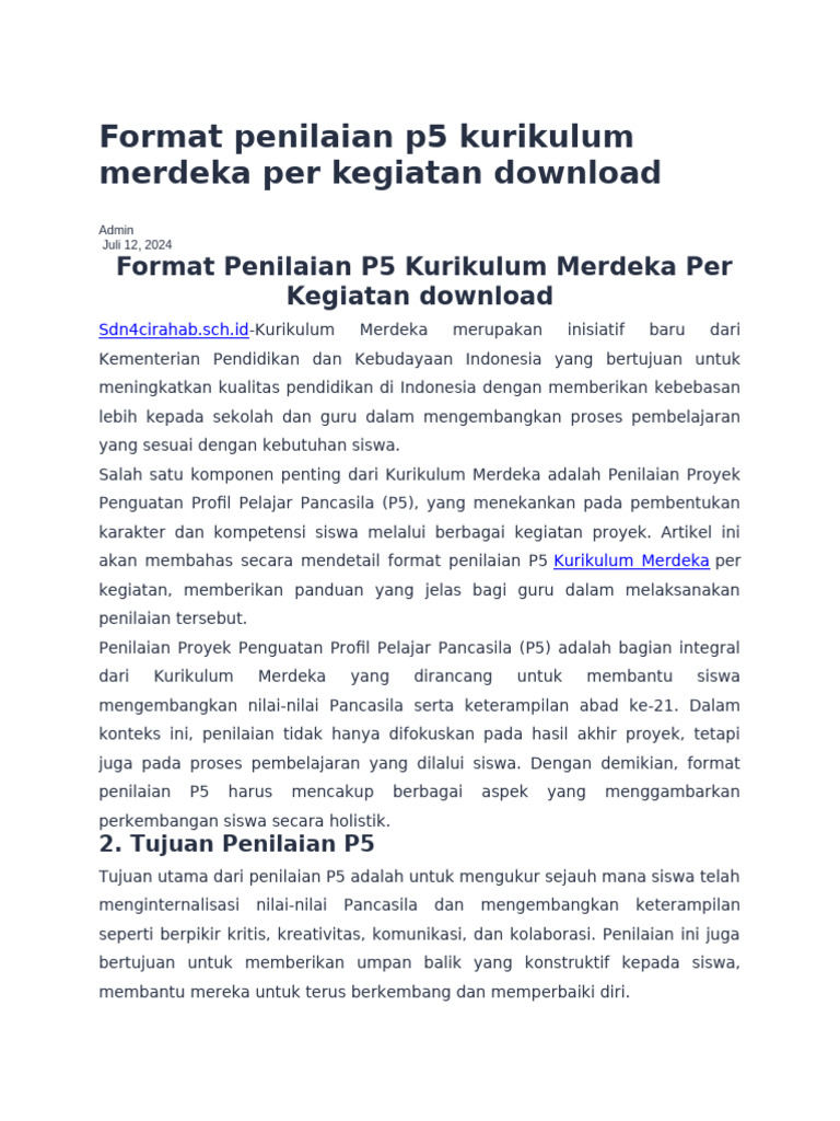 Format Penilaian P5 Kurikulum Merdeka Per Kegiatan Download Pdf