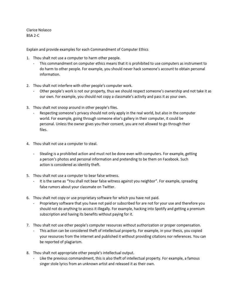 Ten Commandments of Computer Ethics Activity | PDF