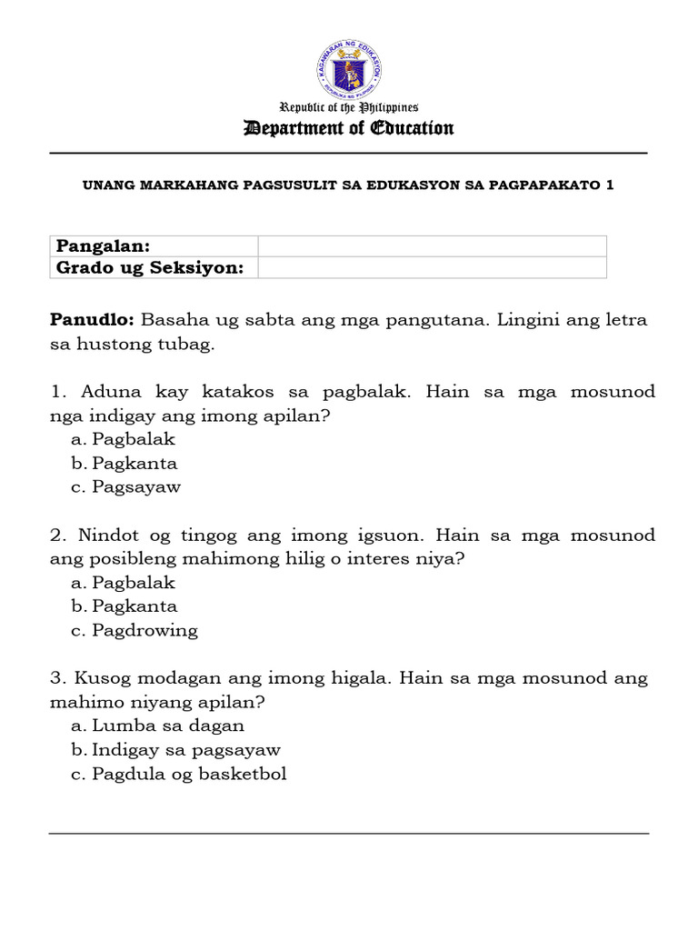 Quarterly Test - Q1 EsP 1 | PDF