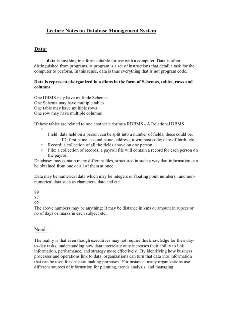 Lecture Notes On Database Management System | PDF | Databases ...