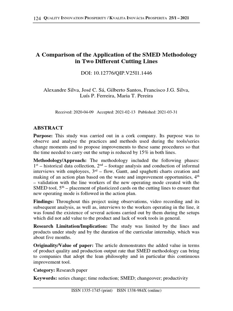 A Comparison of The Application of The SMED Methodology in Two Different Cutting Lines | PDF