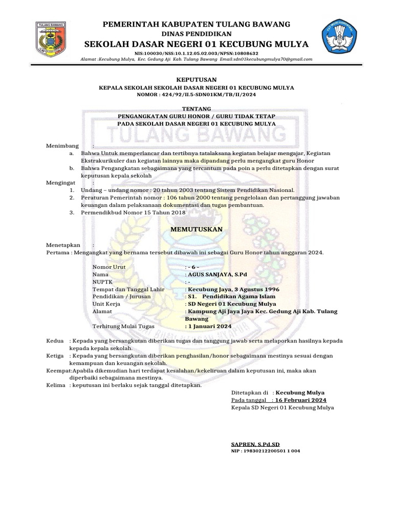 SK Honor 2024 Agus Sanjaya | PDF