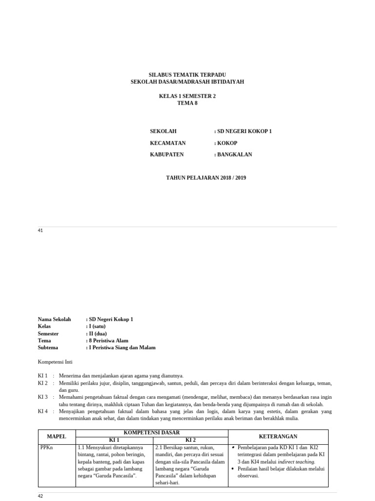03 Silabus Kelas 1 TM 8 PB 1 | PDF