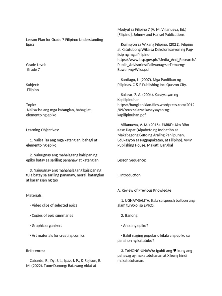 Lesson Plan For Grade 7 Filipino | PDF