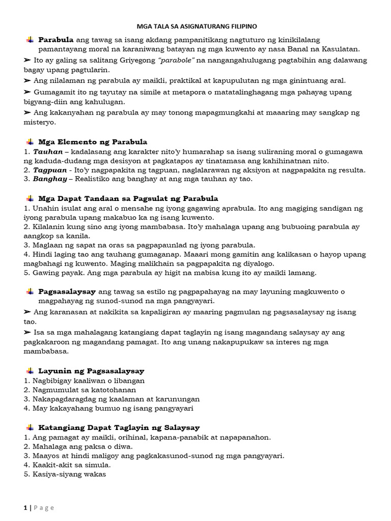MGA TALA SA ASIGNATURANG FILIPINO 10 q1 | PDF